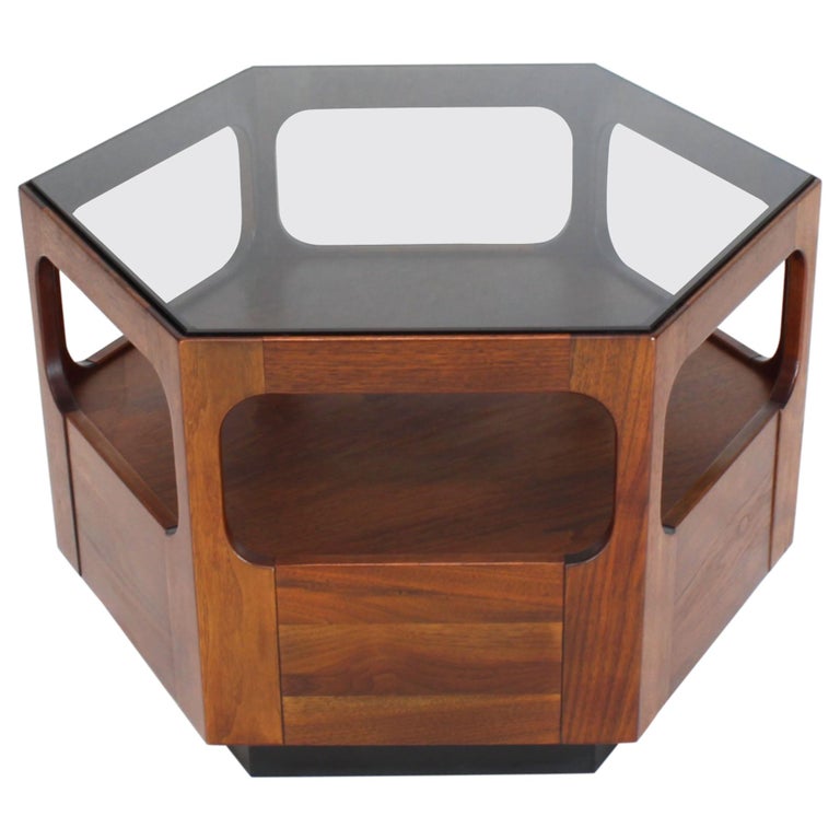 Solid Oiled Walnut Fitted Smoked Glass Top Hexagon Center Side End ...