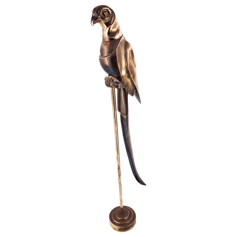 Solid Patinated Brass Parrot on Perch Stand Sculpture For Sale at 1stDibs