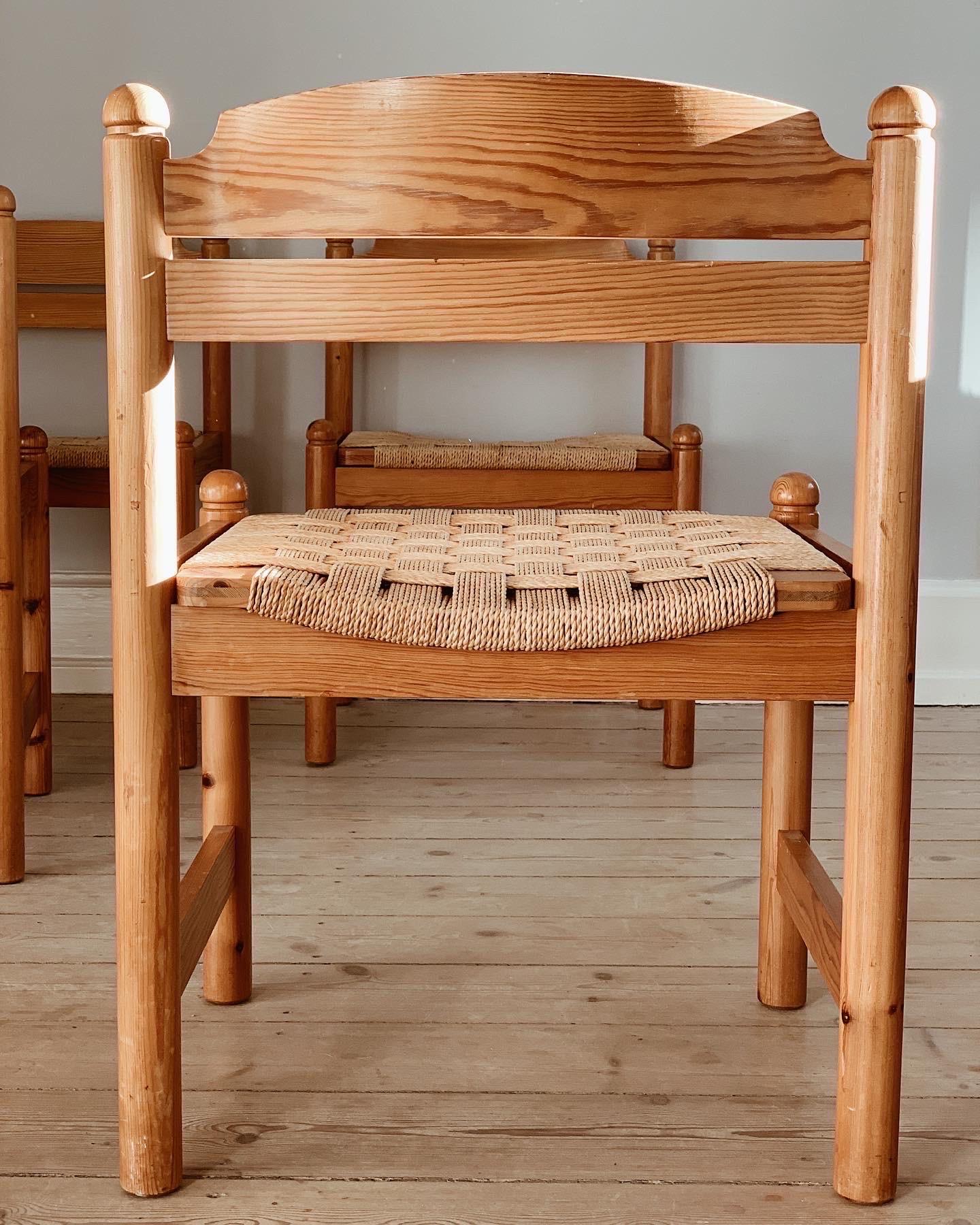 Solid Pine Dining Chairs with Beautiful Paper Cord Seats For Sale at 1stDibs