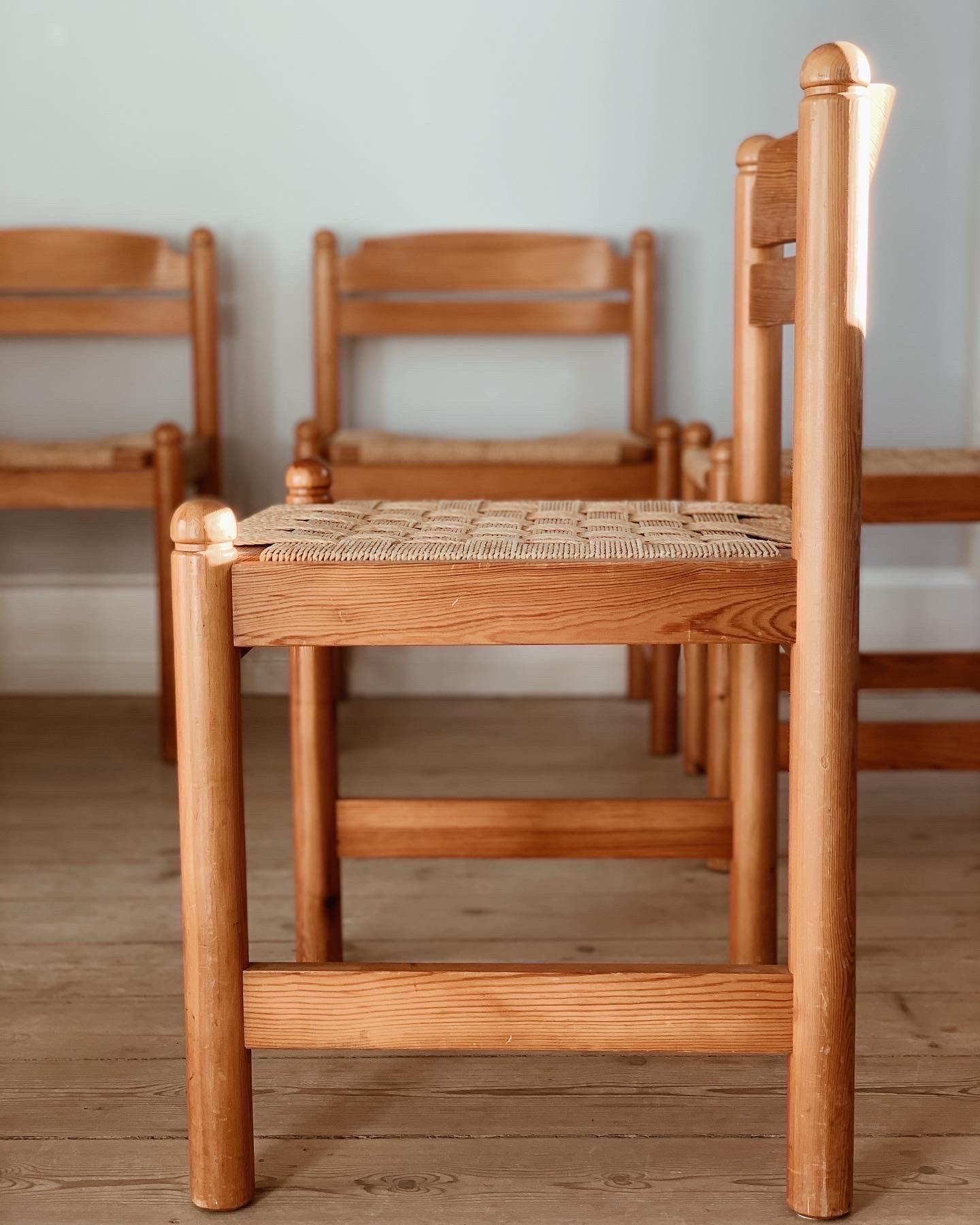 Solid Pine Dining Chairs with Beautiful Paper Cord Seats For Sale at 1stDibs
