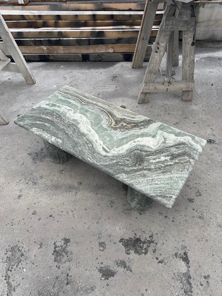 Solid stone green marble rectangle coffee table with cylinder column ...