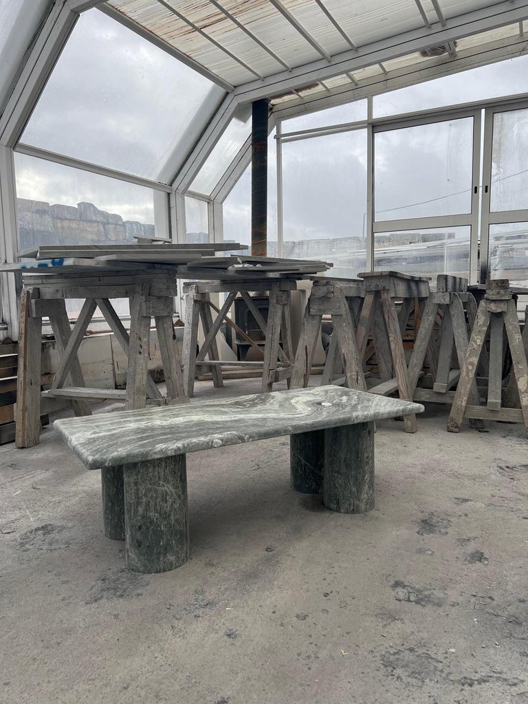 Solid stone green marble rectangle coffee table with cylinder column ...
