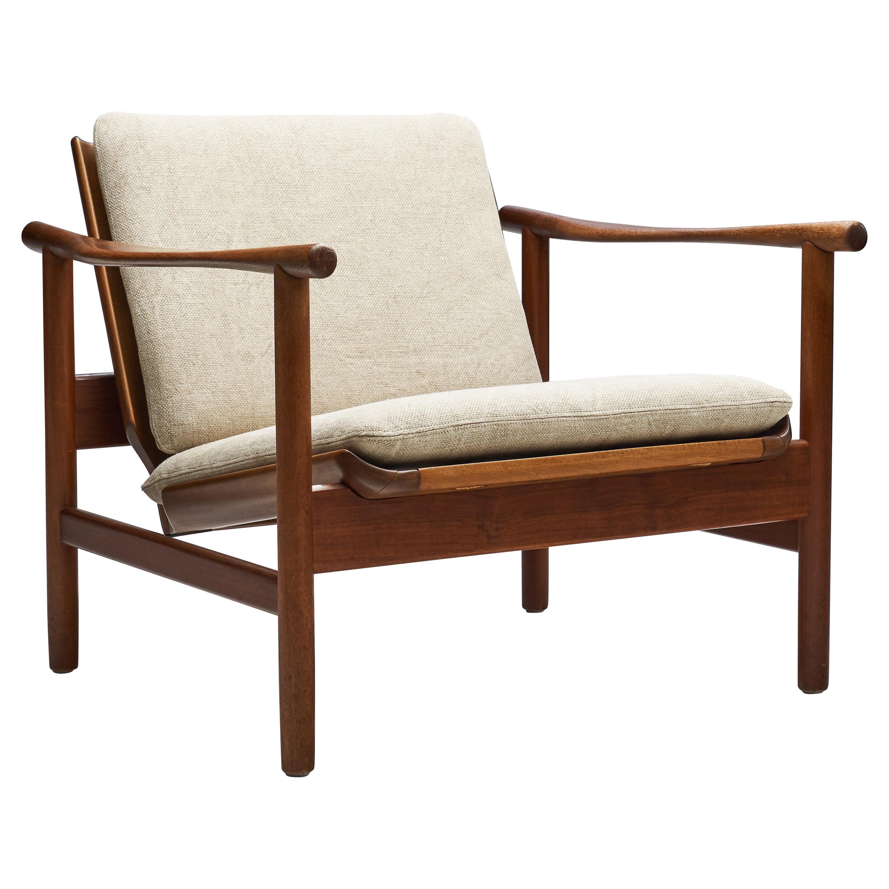 Pair of Barrel-Shaped 1950s Lounge Chairs with Solid Walnut Band around ...