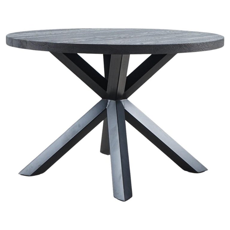 Solid Teak Round Dining Table with Black Metal Spider Legs For Sale at ...