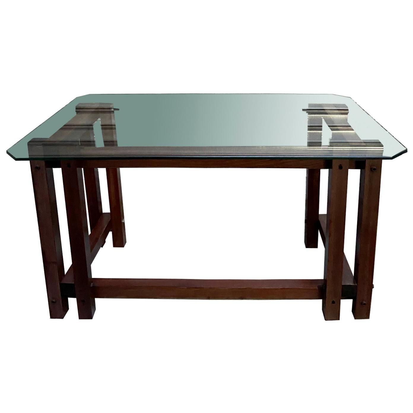 Enzo Mari Style Sculptural Solid Wood and Glass Desk, Italy, 1970s For ...