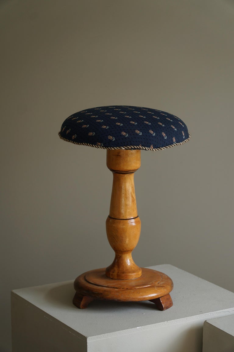 Solid Wooden Stool with Original Fabric, Vintage Scandinavian Modern ...