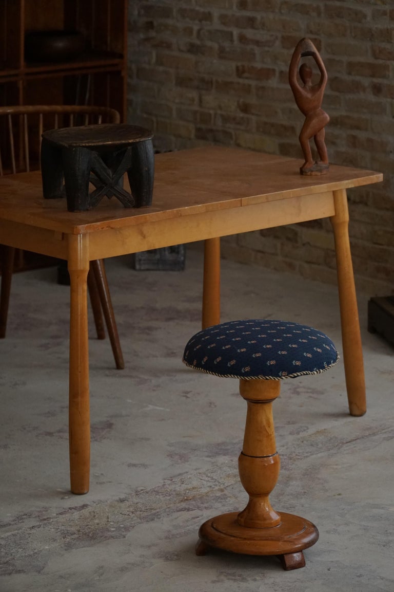 Solid Wooden Stool with Original Fabric, Vintage Scandinavian Modern ...