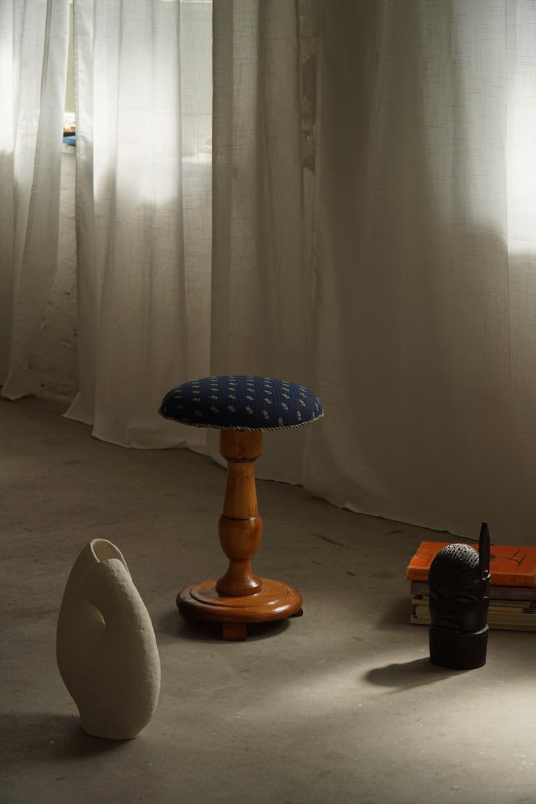 Solid Wooden Stool with Original Fabric, Vintage Scandinavian Modern ...