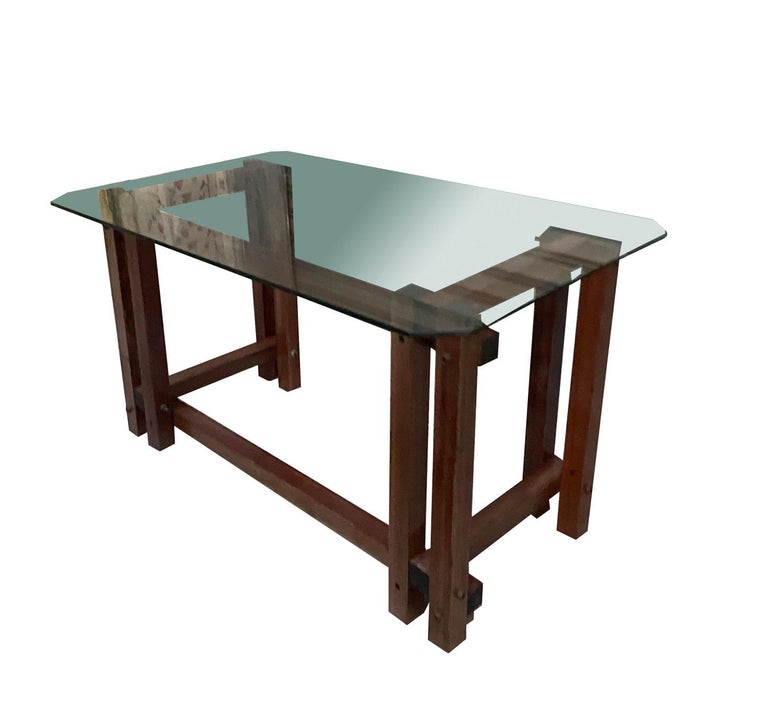 Enzo Mari Style Sculptural Solid Wood and Glass Desk, Italy, 1970s For ...