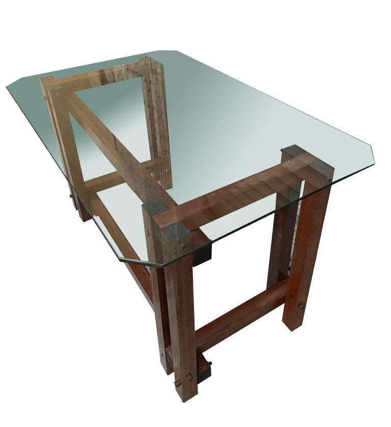 Enzo Mari Style Sculptural Solid Wood and Glass Desk, Italy, 1970s For ...
