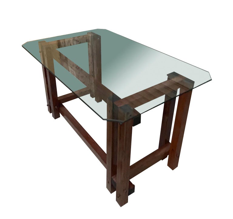 Enzo Mari Style Sculptural Solid Wood and Glass Desk, Italy, 1970s For ...