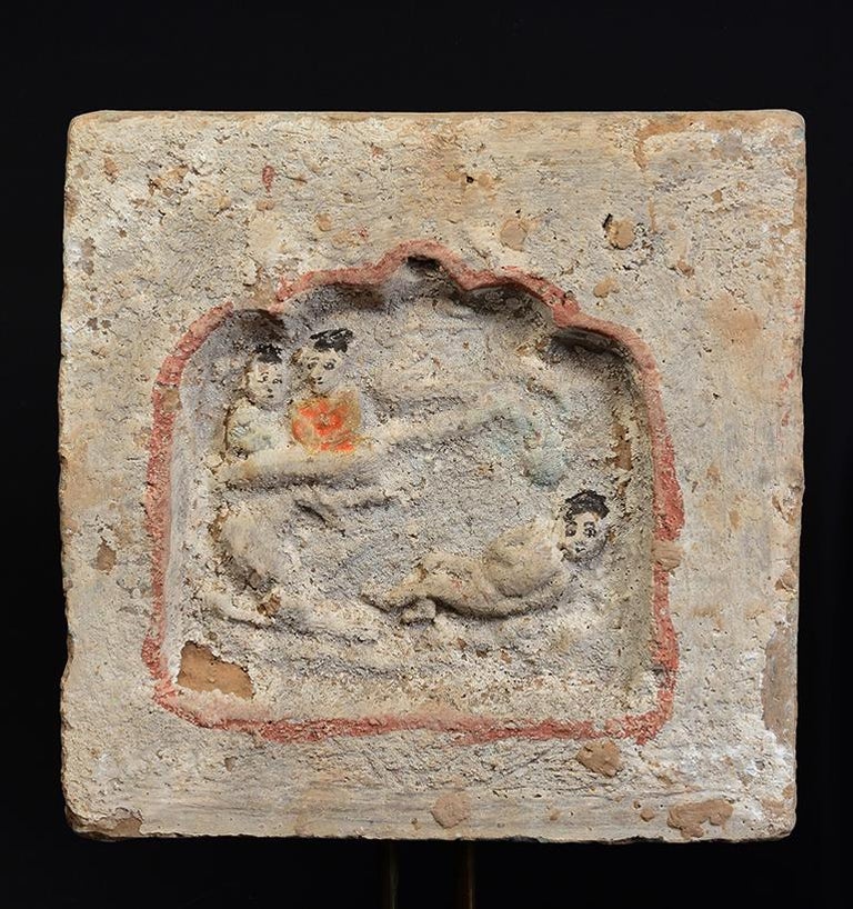 Song Dynasty, a Pair of Antique Chinese Pottery Brick Tile with Figures ...