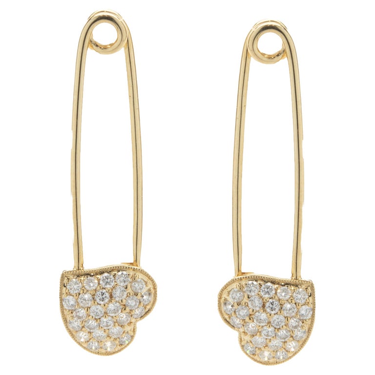 Sonia B. 14 Karat Yellow Gold Pave Diamond Heart Safety Pin For Sale at ...