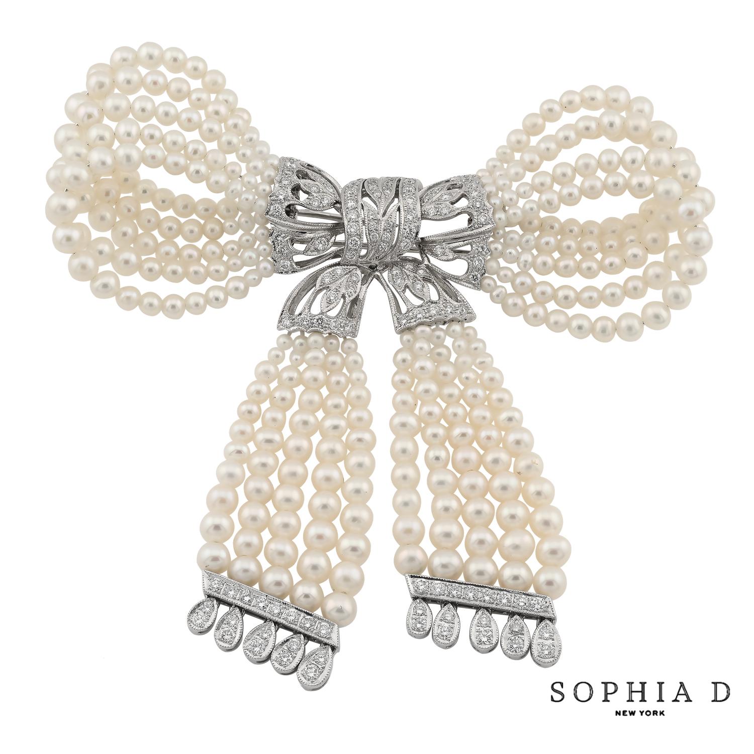 Sophia D. 2.03 Carat Diamond and Pearl Bow Design Brooch For Sale at ...