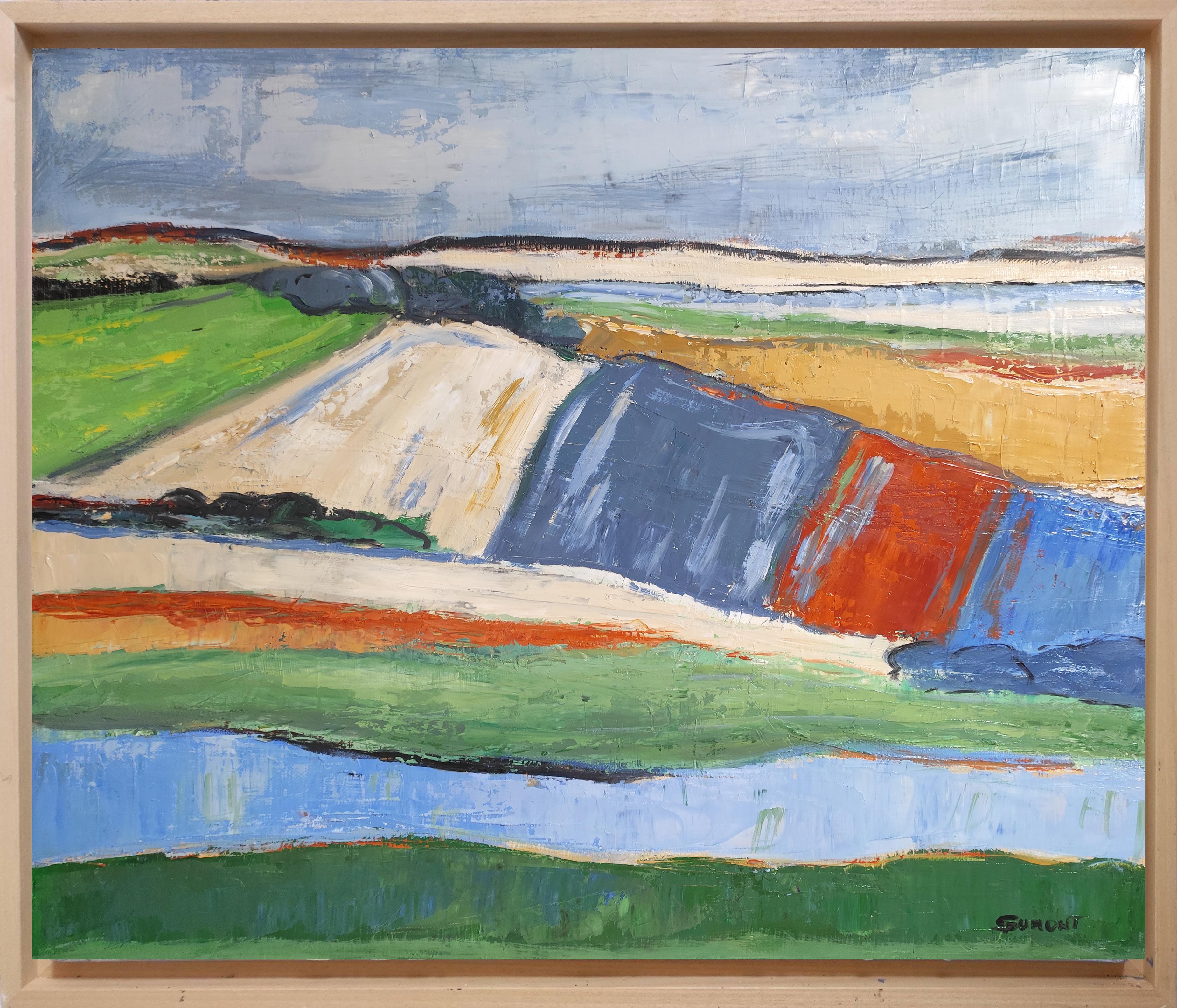 SOPHIE DUMONT - champs en avril, abstrait, bleu, vert, expressionniste ...