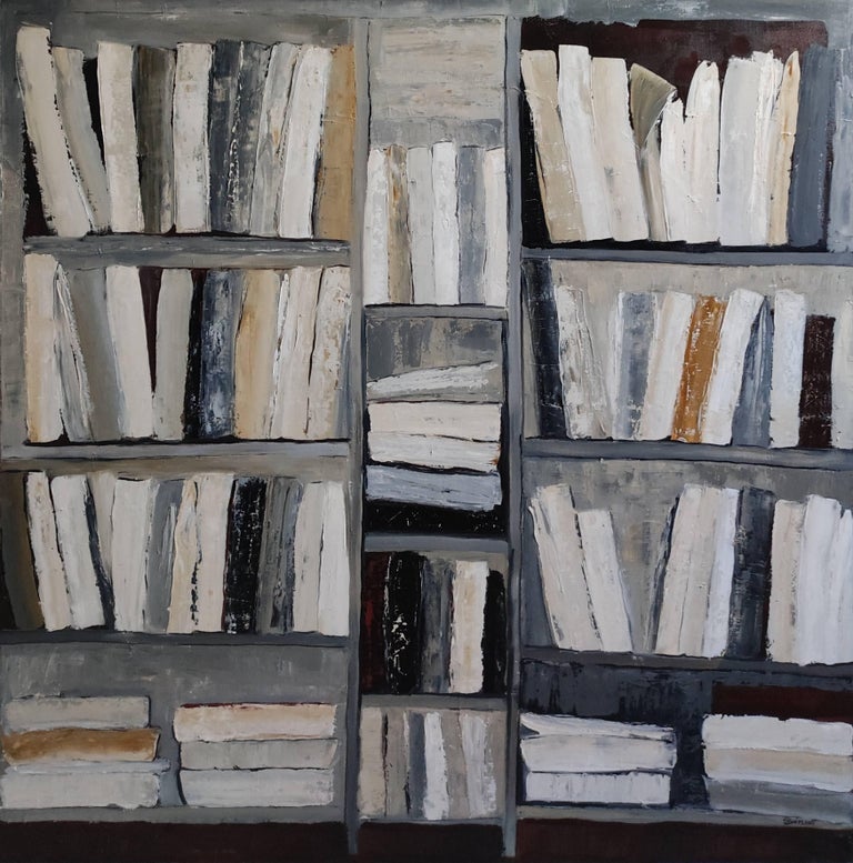 SOPHIE DUMONT - the manuscripts, grey abstract, library, books, oil on ...
