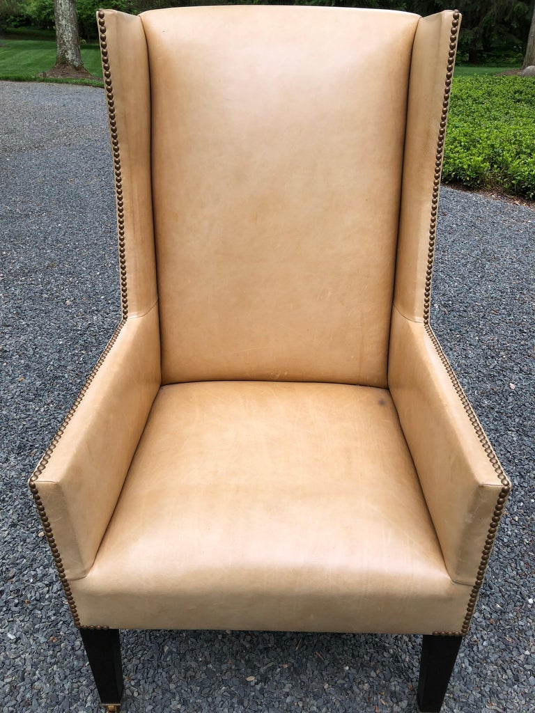 Sophisticated Camel Leather and Brass Nailhead Wingback Chair at ...