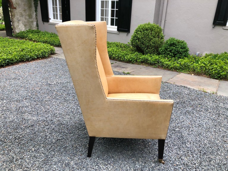 Sophisticated Camel Leather and Brass Nailhead Wingback Chair at ...