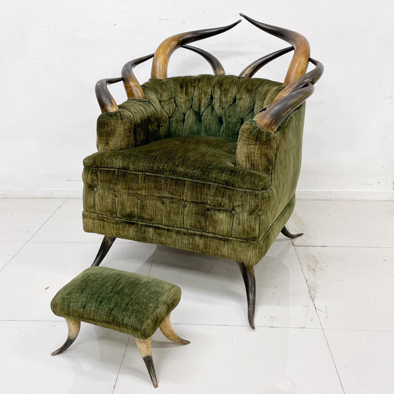 1960s Austrian Steer Horn Lodge Chair and Foot Stool Vintage Green ...
