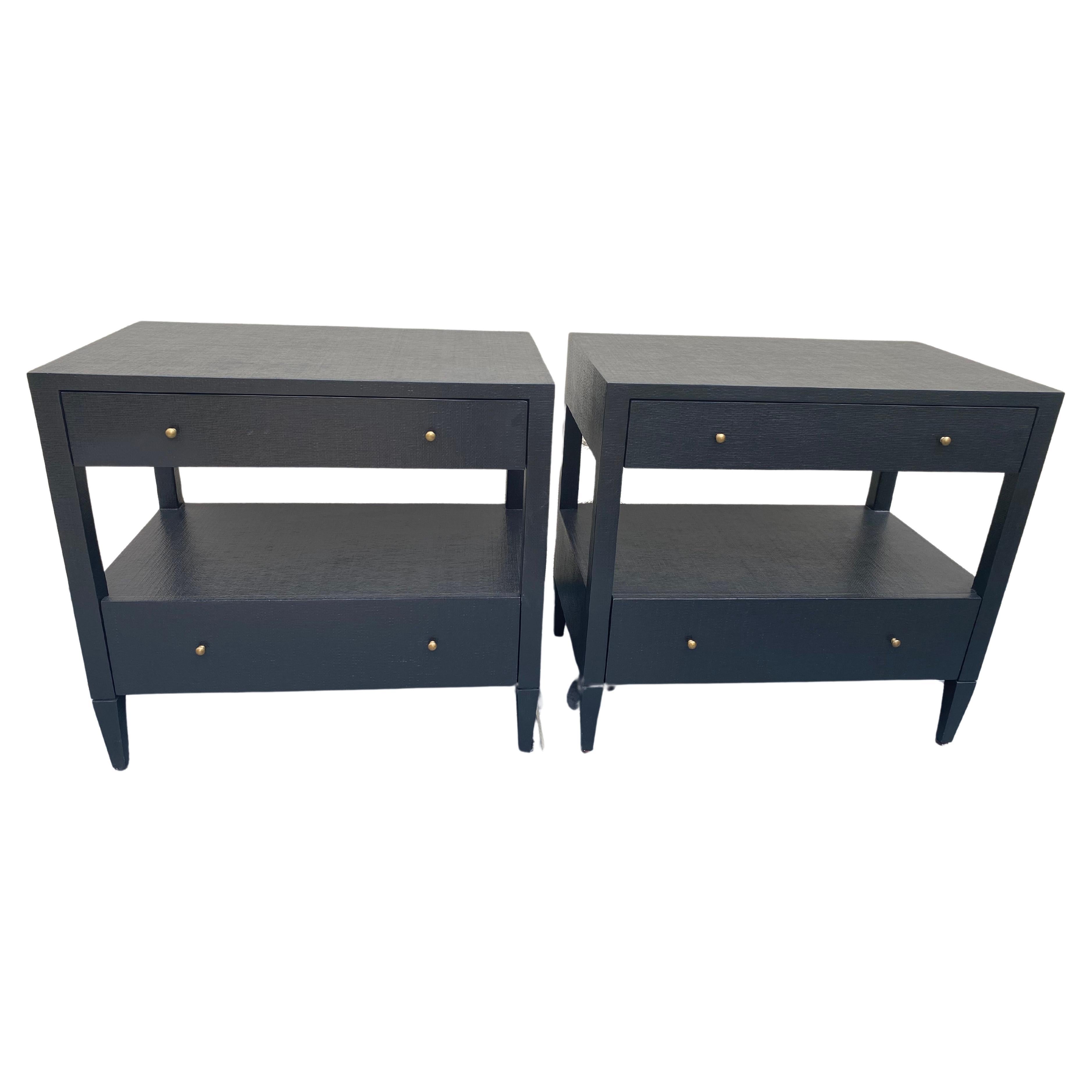 Sophisticated Pair of Two-Drawer Raffia Wrapped Black Nightstands End ...