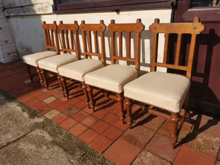 Sopworth and Son. 5 English Gothic Revival Oak Dining Chairs with ...