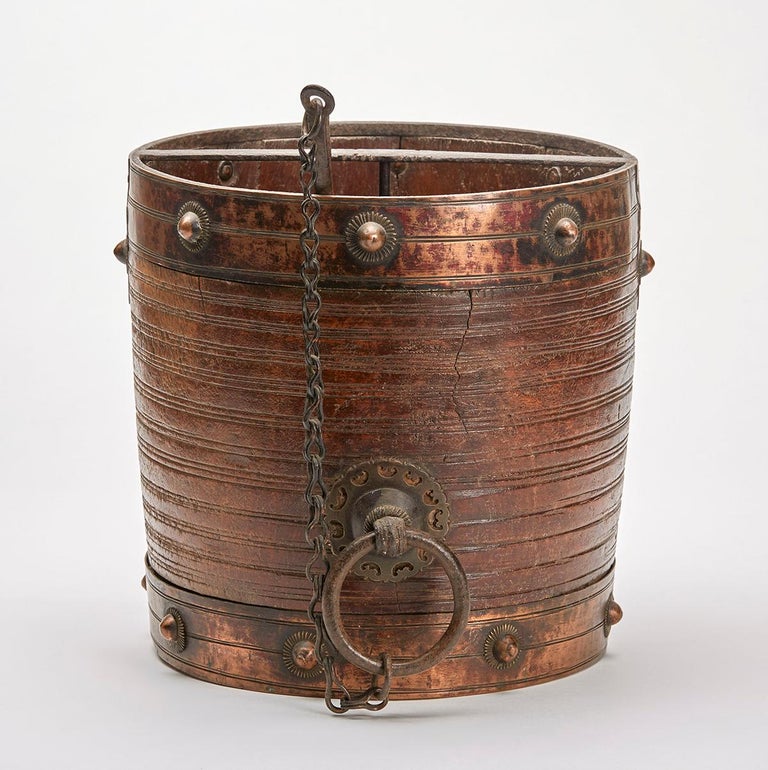 South Indian Antique Metal Clad Wood Rice Bucket For Sale at 1stDibs