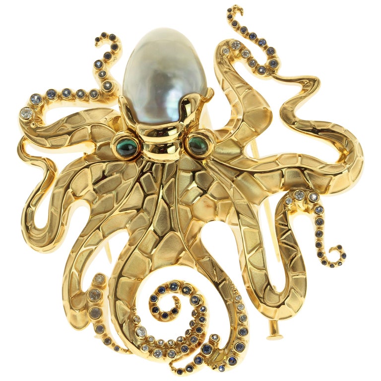 South Sea Baroque Pearl Octopus 18 Karat Yellow Gold Brooch For Sale at ...