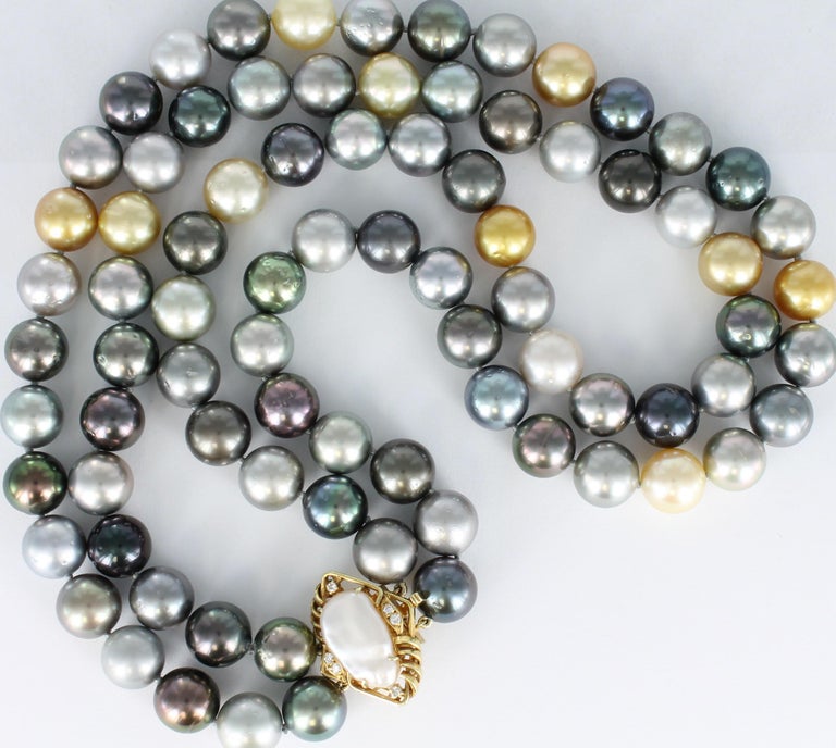 South Sea Double Strand Multi-Color Pearls with Pearl and Diamond Clasp ...