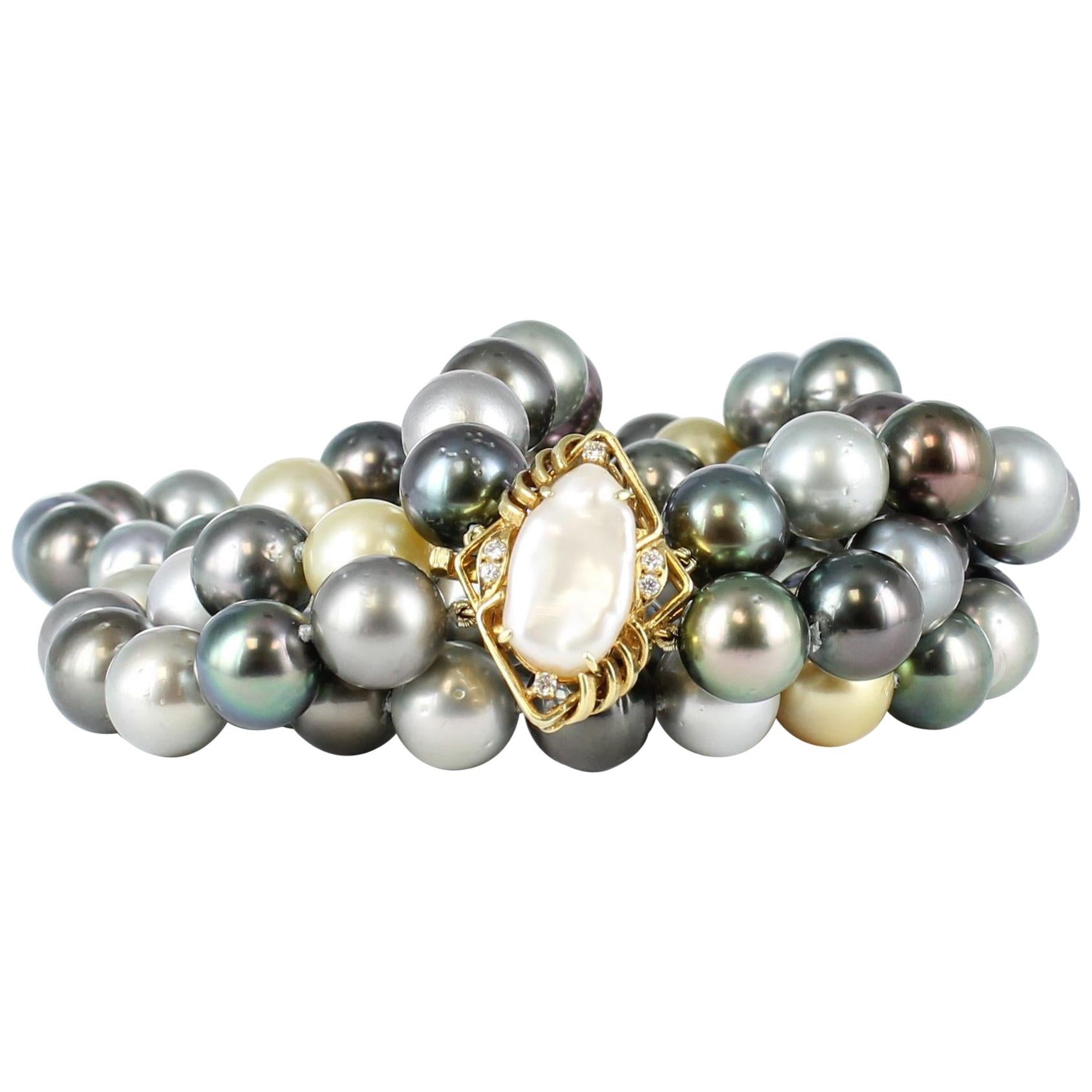 South Sea Double Strand Multi-Color Pearls with Pearl and Diamond Clasp ...
