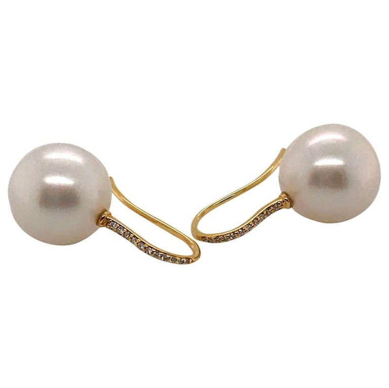 South Sea Pearl and 18 Karat Yellow Gold Diamond Set Hook Drop Earrings ...