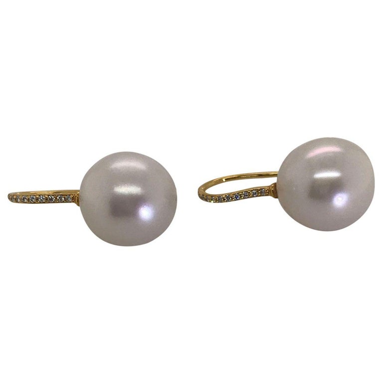 South Sea Pearl and 18 Karat Yellow Gold Diamond Set Hook Drop Earrings ...