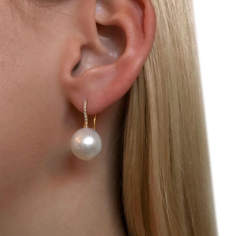 South Sea Pearl and 18 Karat Yellow Gold Diamond Set Hook Drop Earrings ...