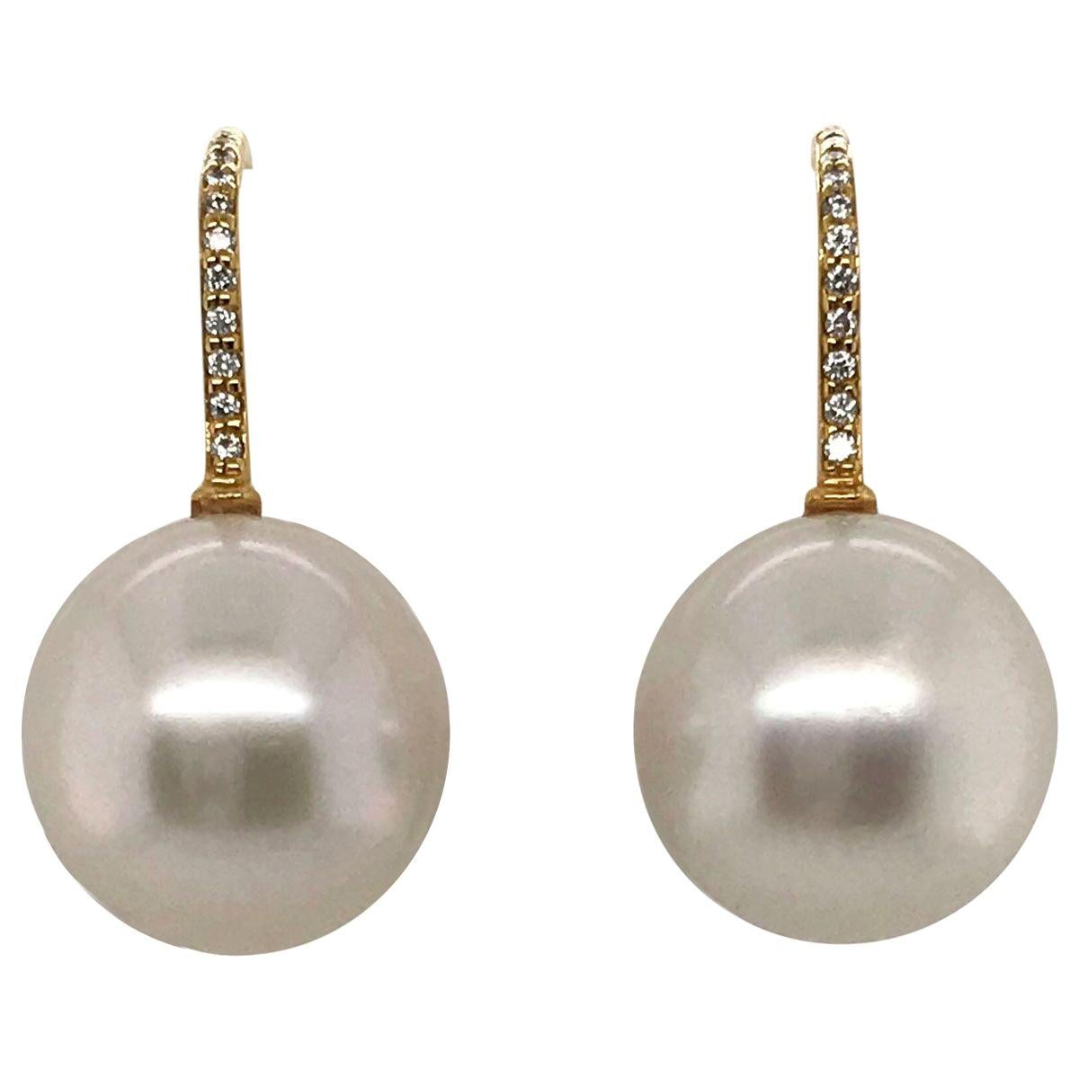 South Sea Pearl and 18 Karat Yellow Gold Diamond Set Hook Drop Earrings ...
