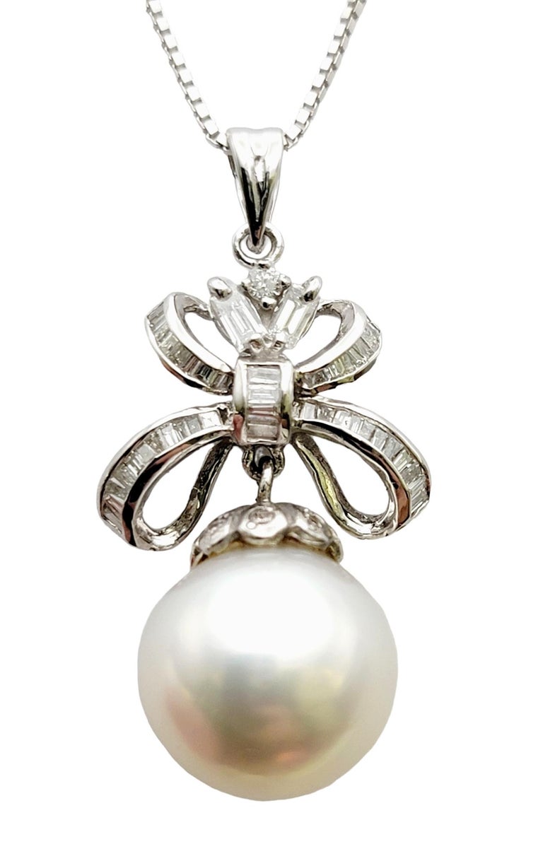 South Sea Pearl and Diamond Embellished Bow Dangle Pendant 14 Karat ...