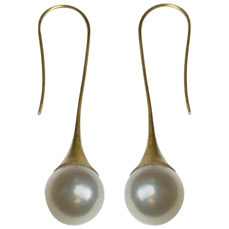 South Sea Pearl on Medium Trumpet Drop Earrings in 18 Karat Gold, A2 by ...