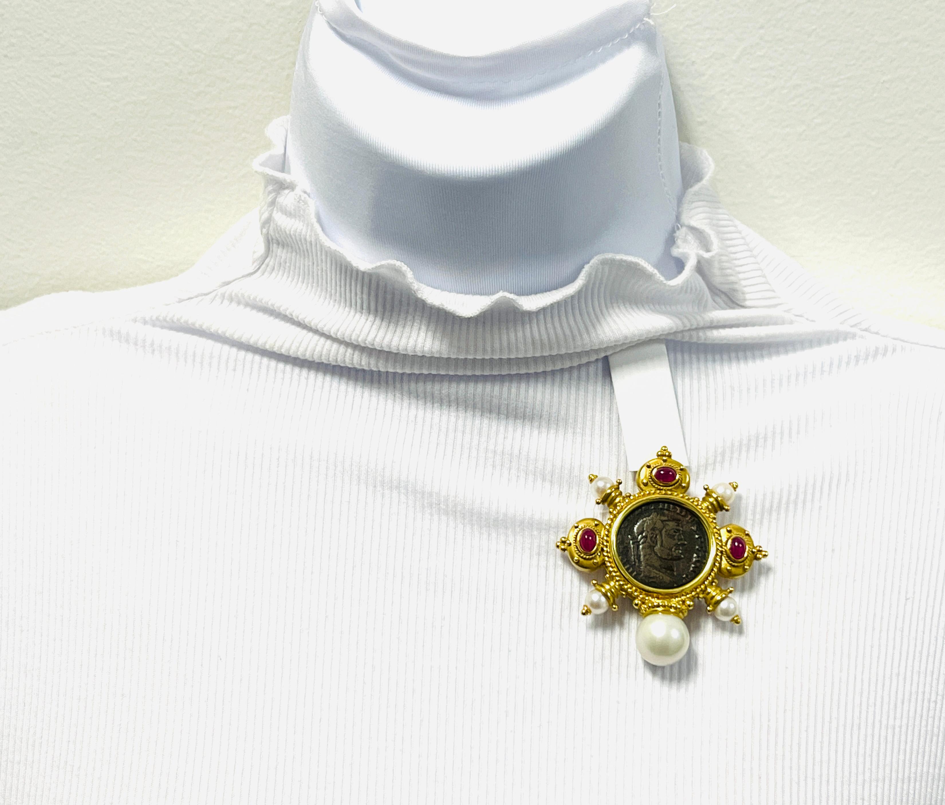 South Sea White Pearl and Ruby Cabochon Coin Brooch in 18K Yellow Gold ...