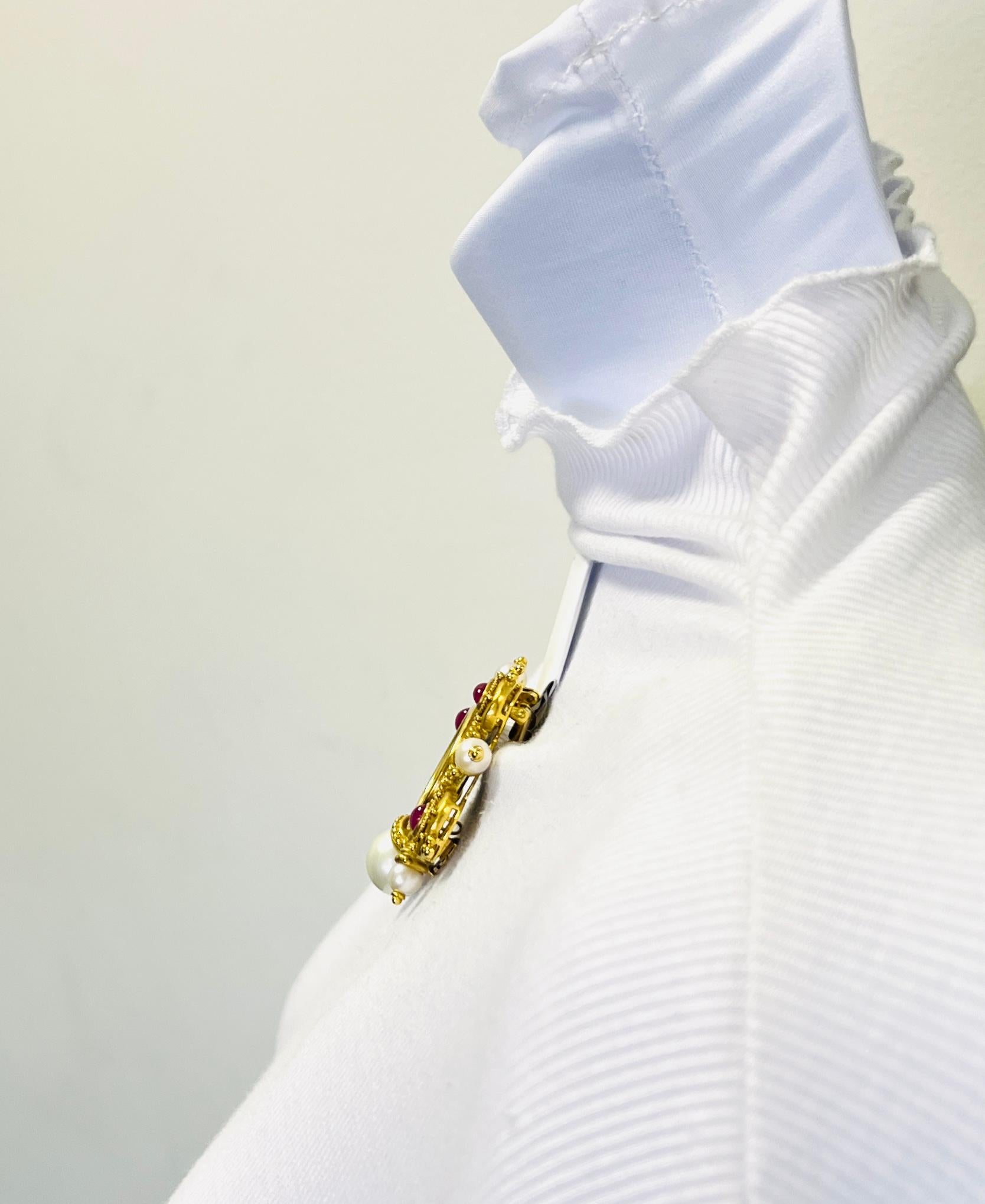 South Sea White Pearl and Ruby Cabochon Coin Brooch in 18K Yellow Gold ...