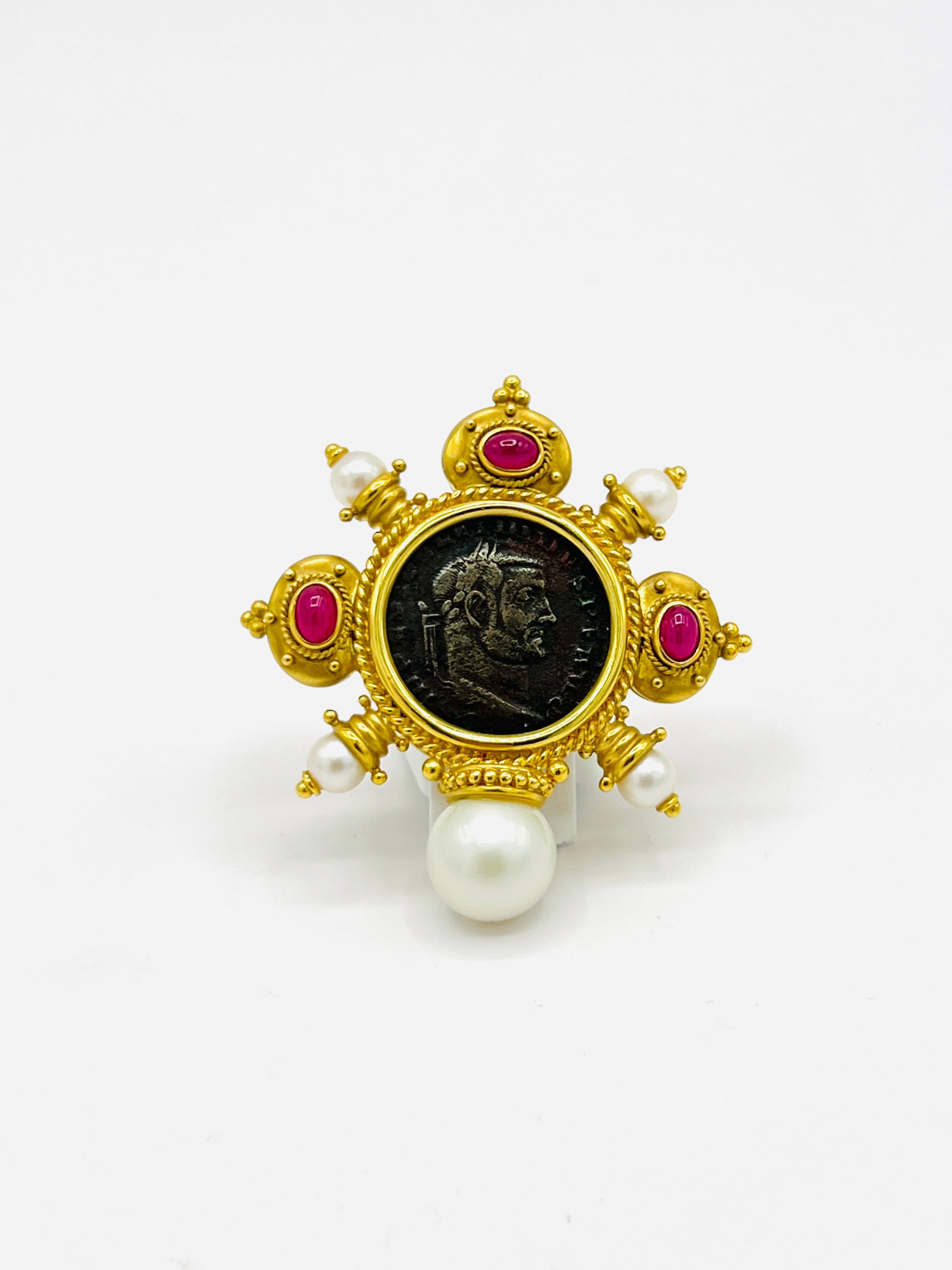 South Sea White Pearl and Ruby Cabochon Coin Brooch in 18K Yellow Gold ...