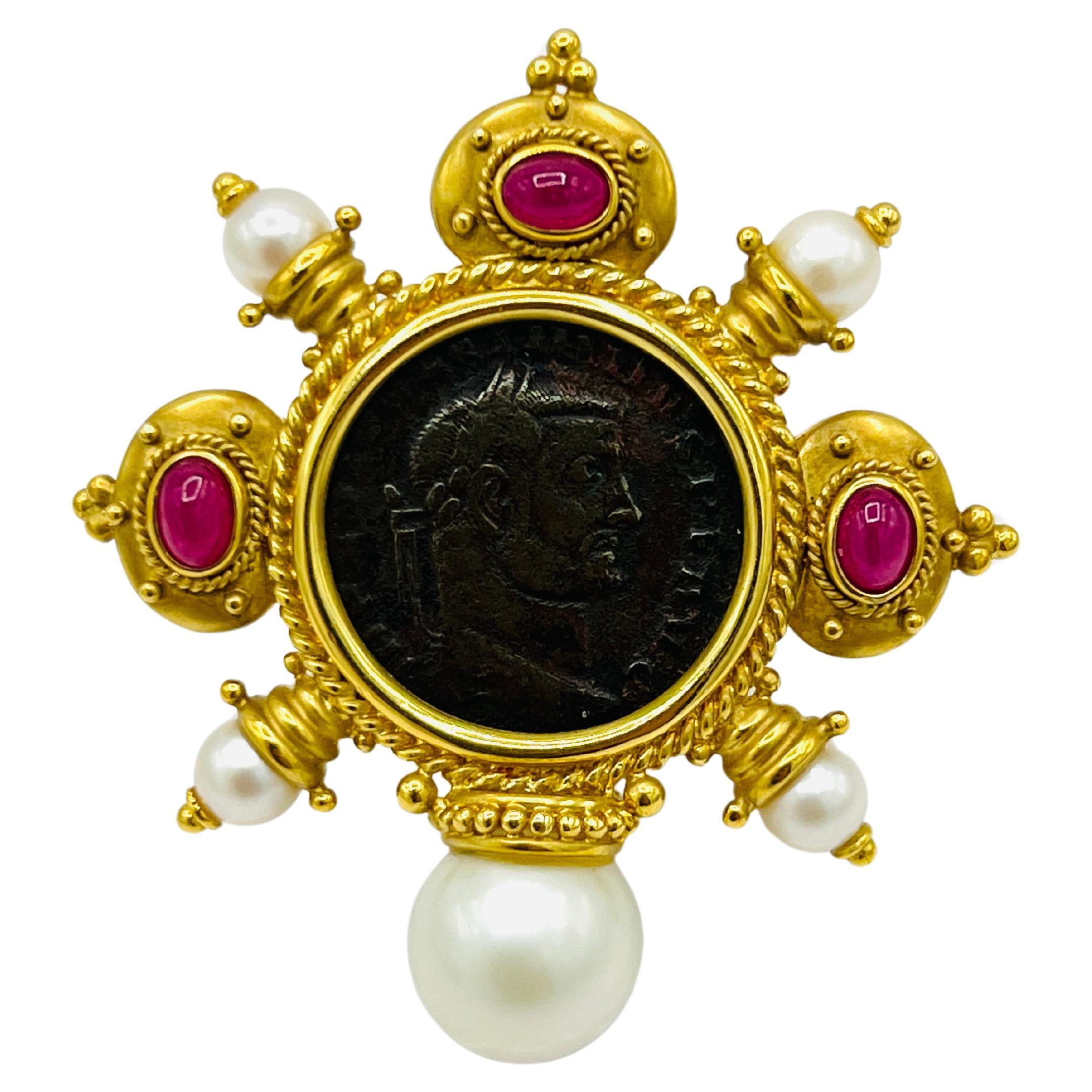 South Sea White Pearl and Ruby Cabochon Coin Brooch in 18K Yellow Gold ...