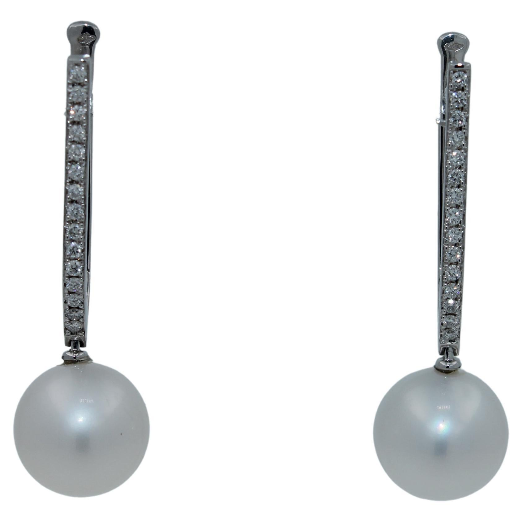 South Sea White Pearl Diamond 18 Karat White Gold Hinge Line Drop Hoop ...