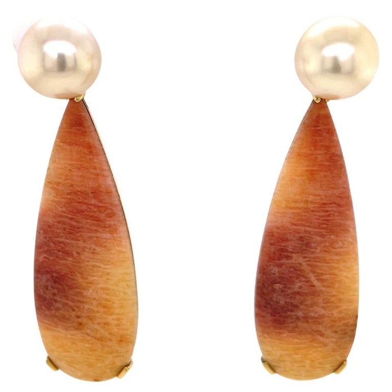 South Sea White Pearl Studs with 18k Yellow Gold Yellow Quartz Jackets ...