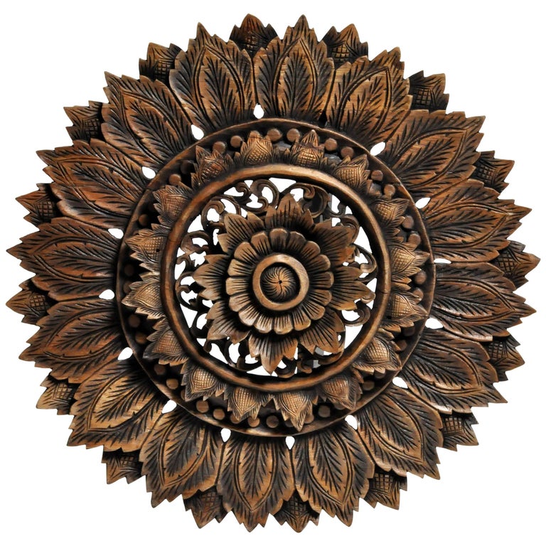 Southeast Asian Round Hand-Carved Lotus Flower Panel at 1stDibs
