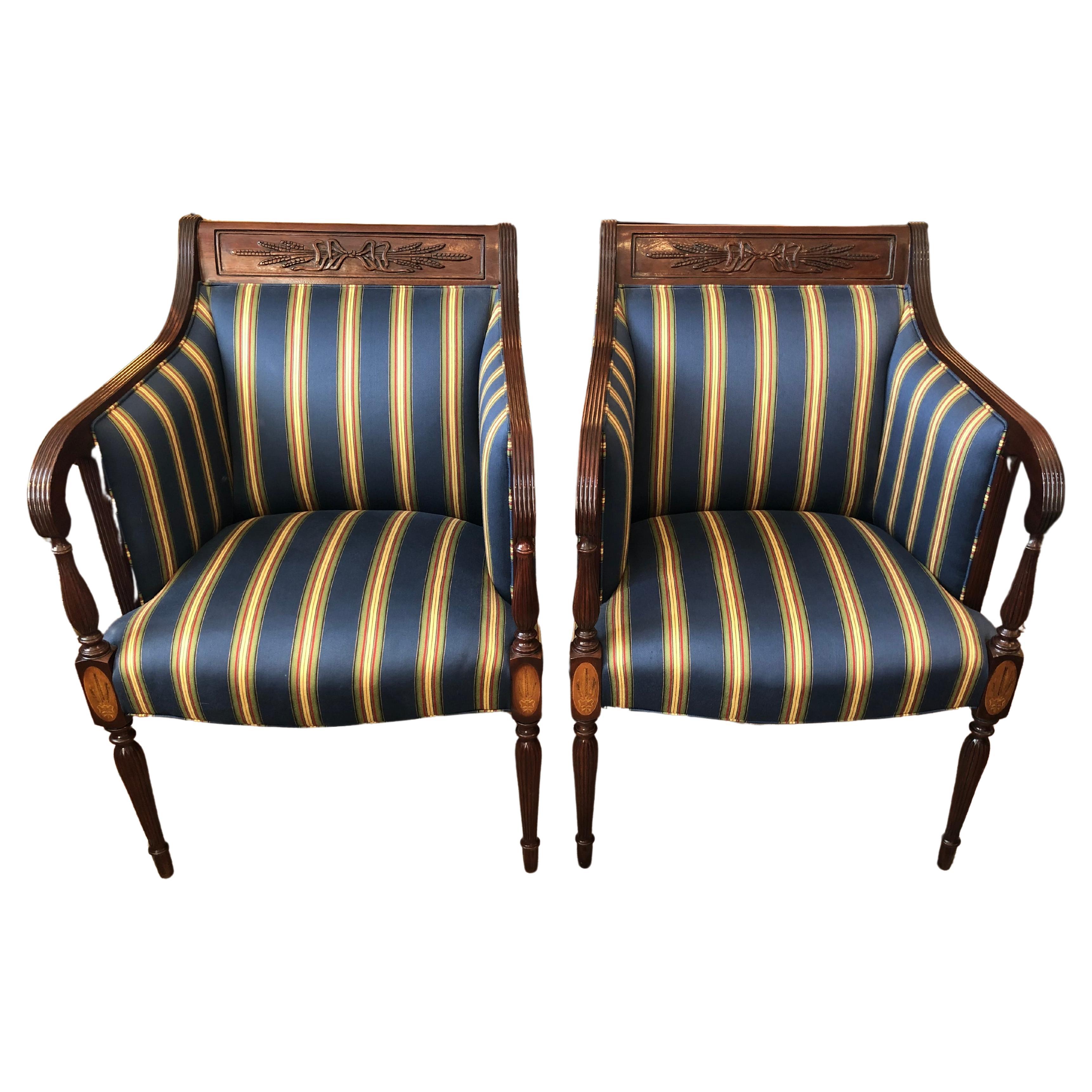 Southwood Pair of Sheraton Style Mahogany and Striped Upholstered Club ...