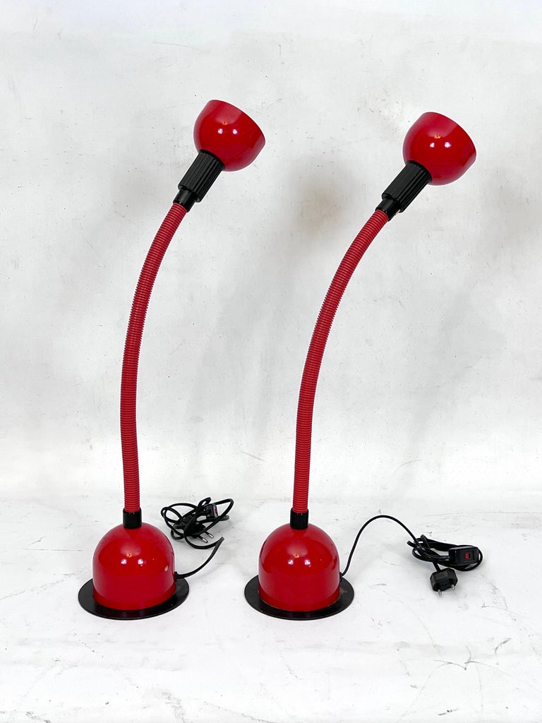 Space Age, Pair of Italian Red Metal Table Lamps by Gammalux, 1970s For ...