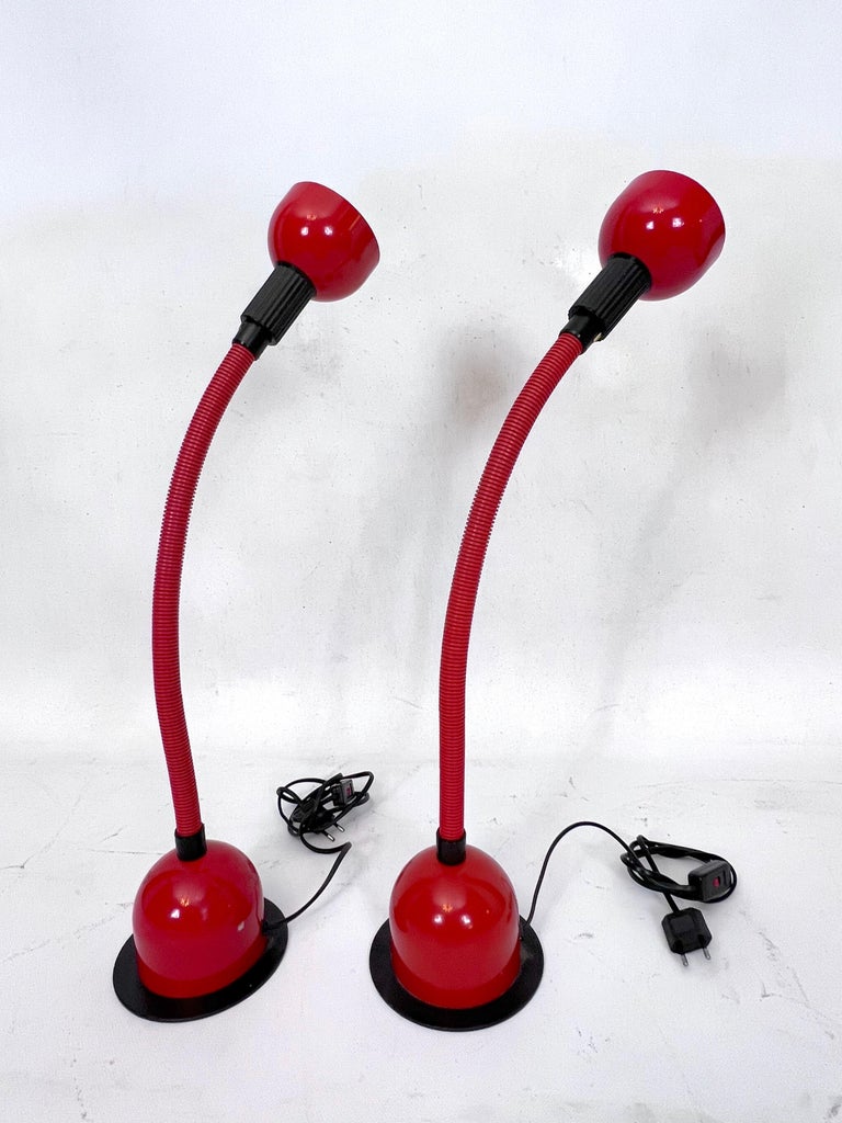 Space Age, Pair of Italian Red Metal Table Lamps by Gammalux, 1970s For ...