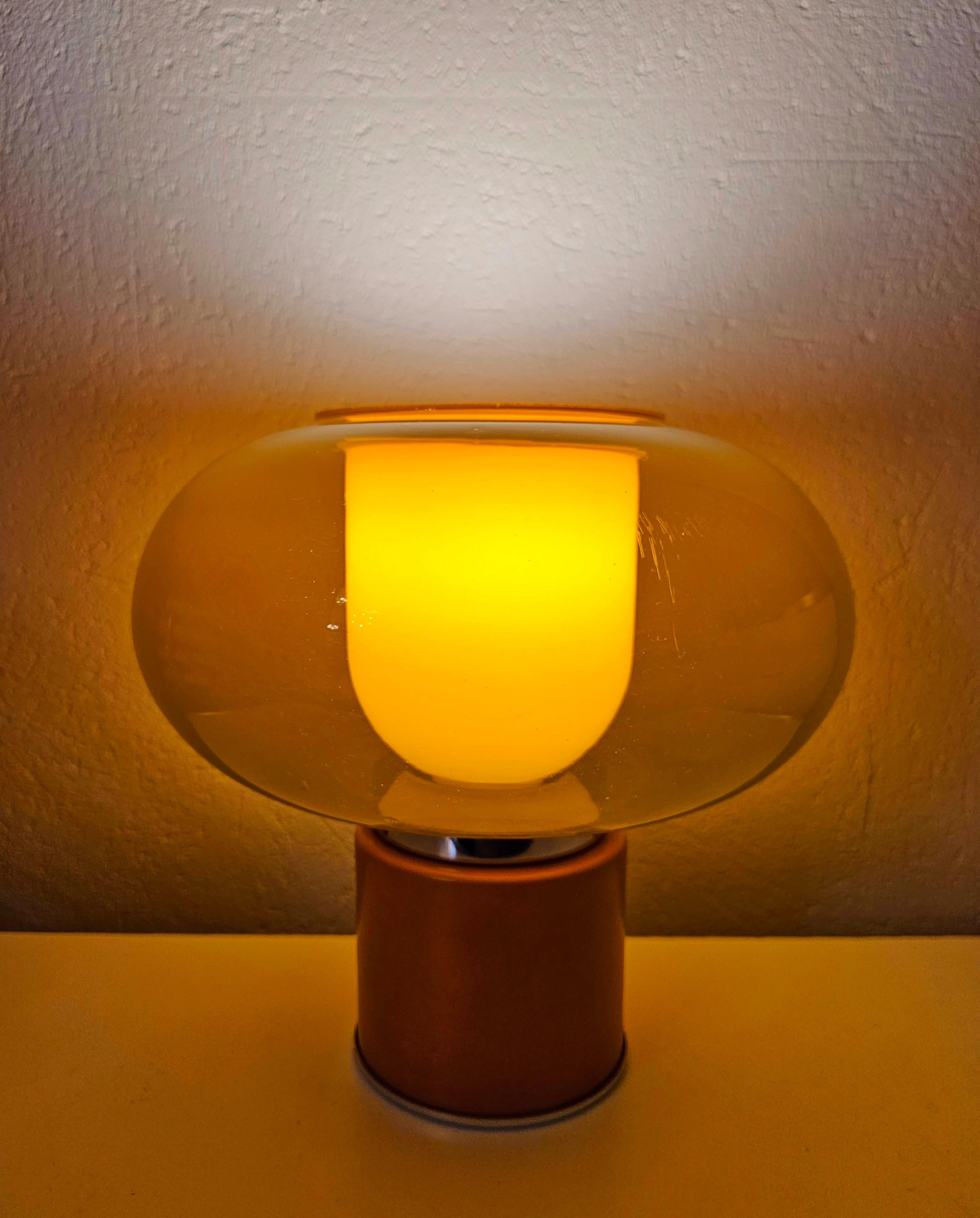 Space Age Table Lamp in Orange Glass on bright orange metal base, Italy ...