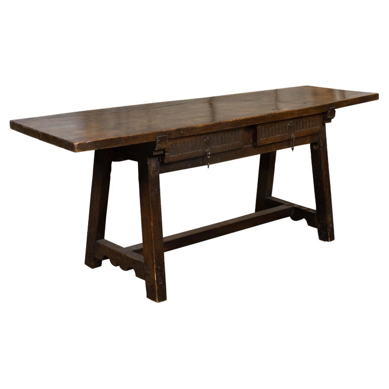 Table de réfectoire espagnole des années 1800 avec deux tiroirs ...