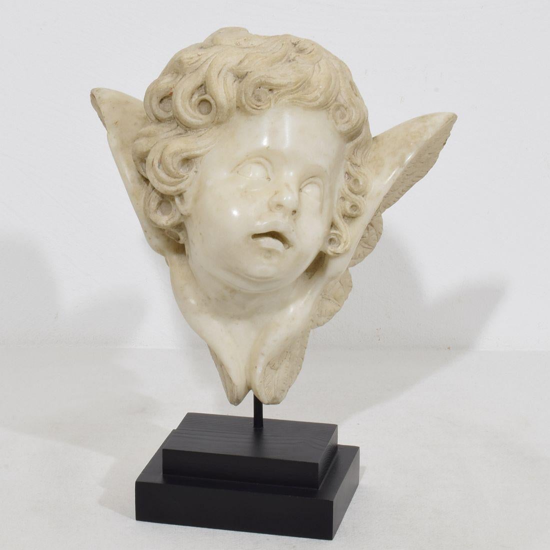 Spanish 18th Century Carved White Marble Winged Angel Head Ornament For ...