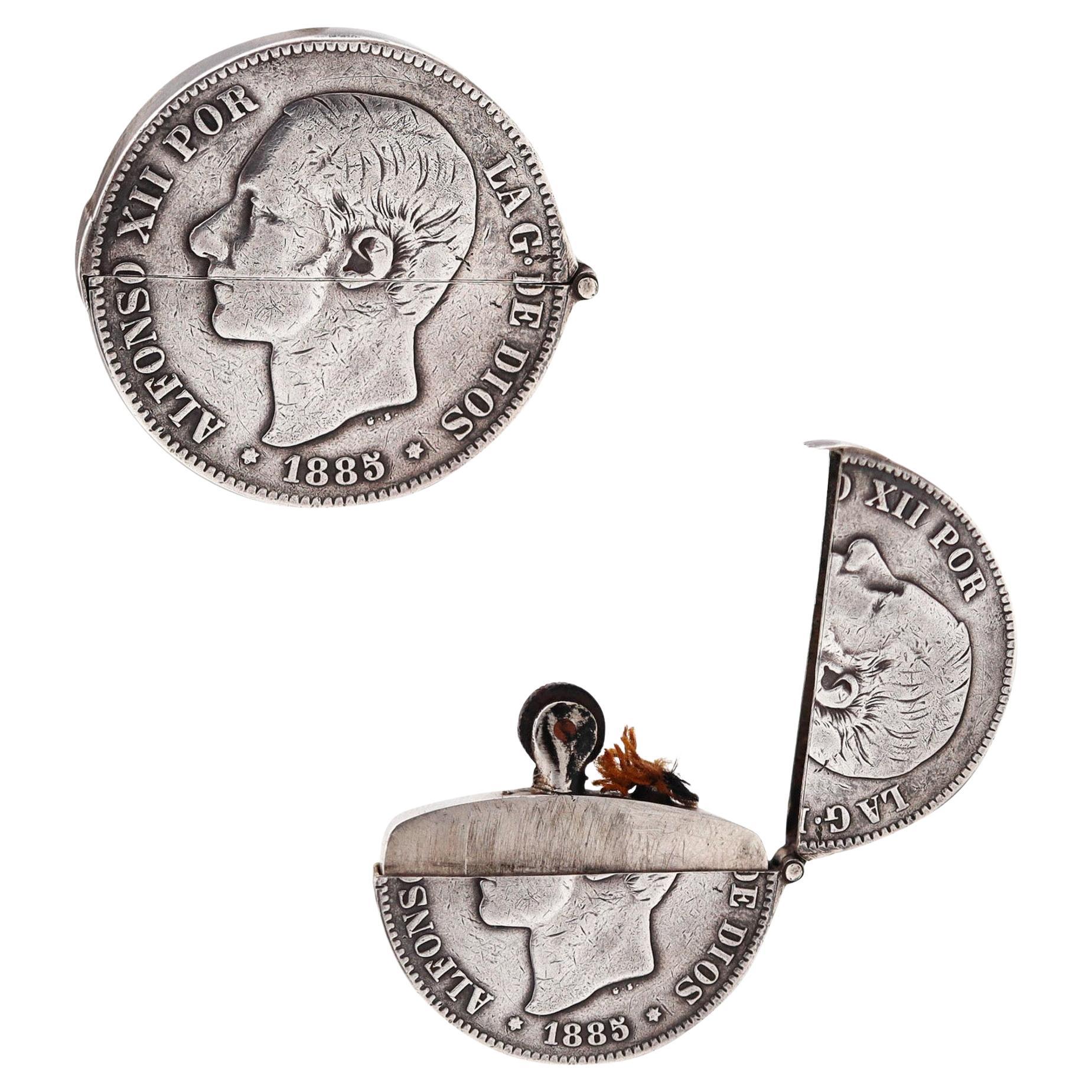 SPANISH 1920 Alfonso XII 1885 Coin Pocket Lighter In .900 Sterling ...