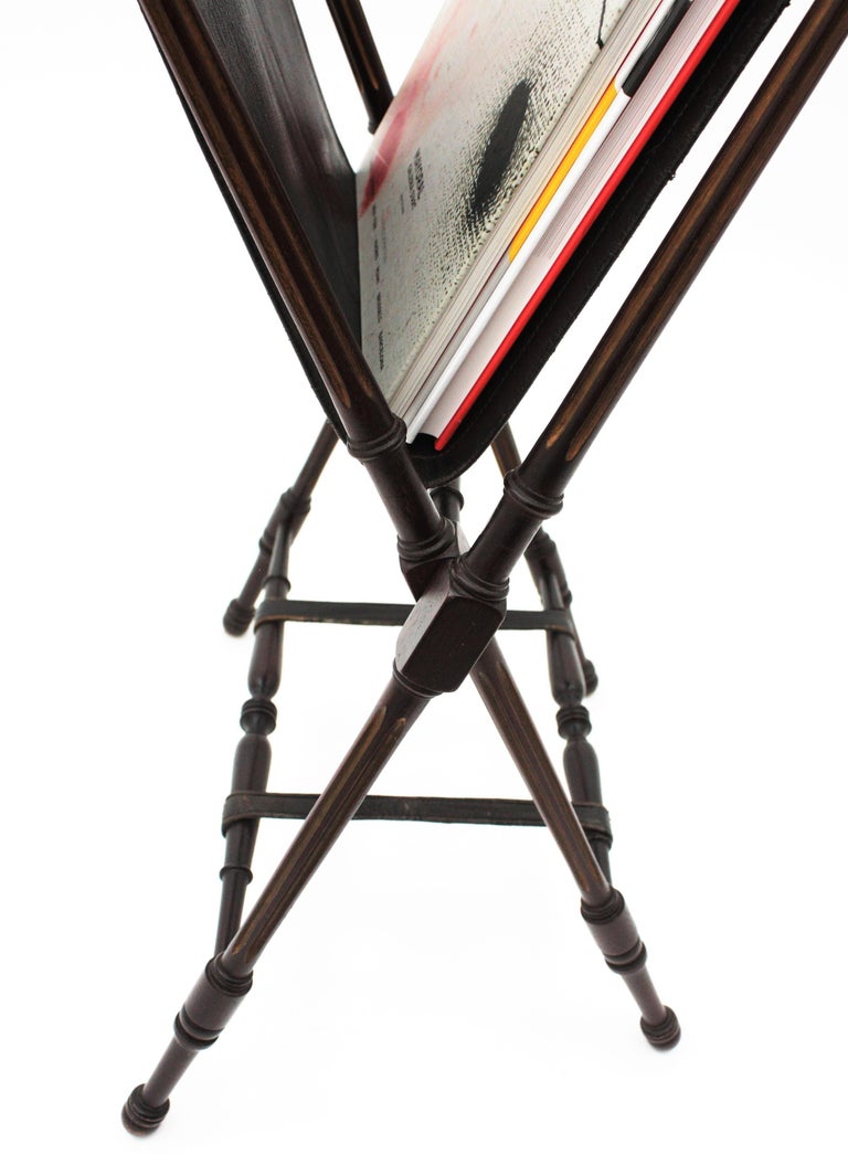 Spanish Folding Magazine Rack, Turned Wood and Black Leather For Sale ...